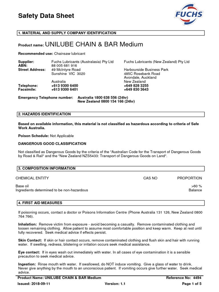 UNILUBE Chain & Bar Medium SDS | PDF | Toxicity | Dangerous Goods