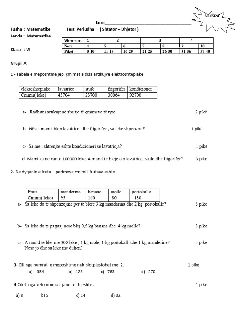Test KL 6 Shtator - Dhjetor 2023 G A | PDF