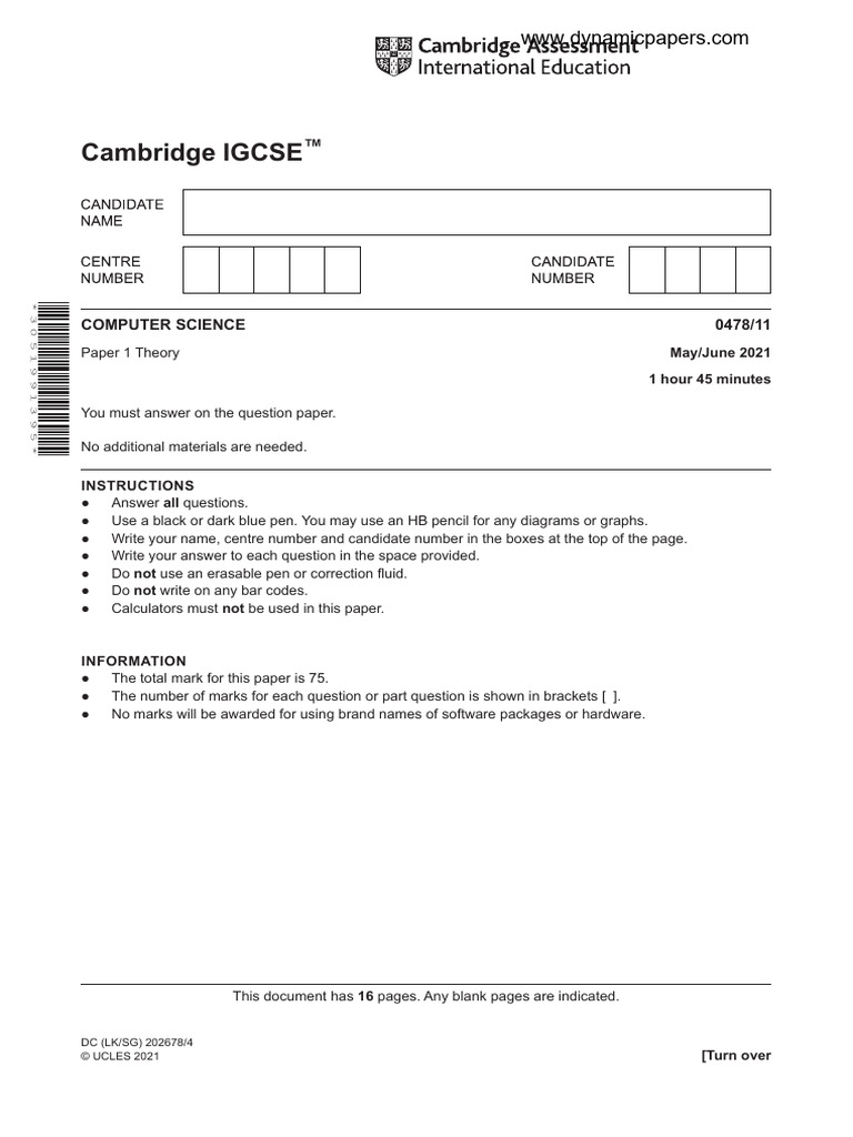 Cambridge IGCSE: Computer Science 0478/11 | PDF | Flash Memory | Computer Data Storage