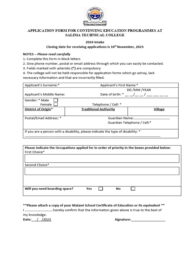 2024 Application Form For Salima Technical College | PDF