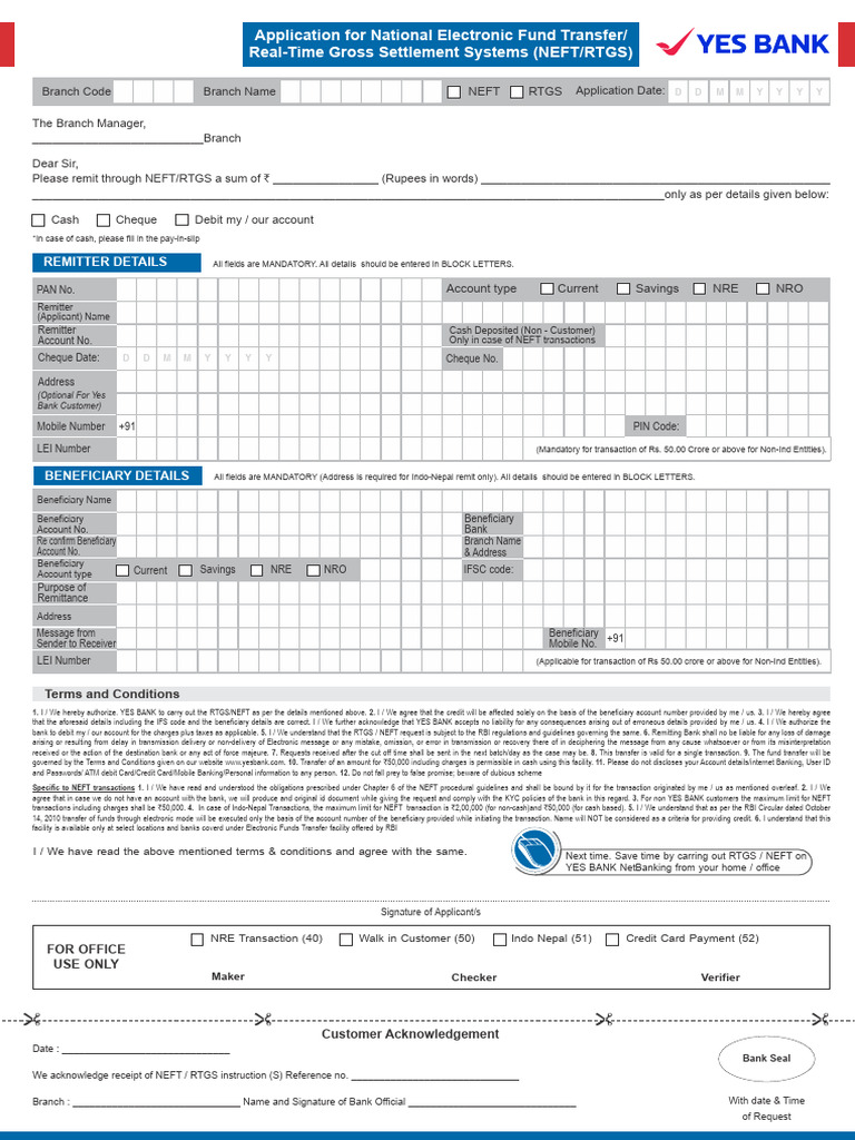 Yes Bank Rtgs Form | PDF | Personal Finance | Banking Technology