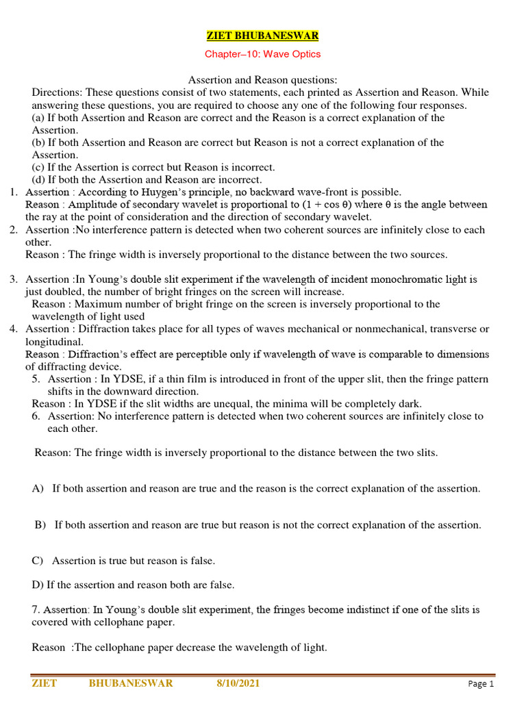 Physics XII CH 10 Physics Assertion Reasoning Wave Optics | Download Free PDF | Diffraction | Light
