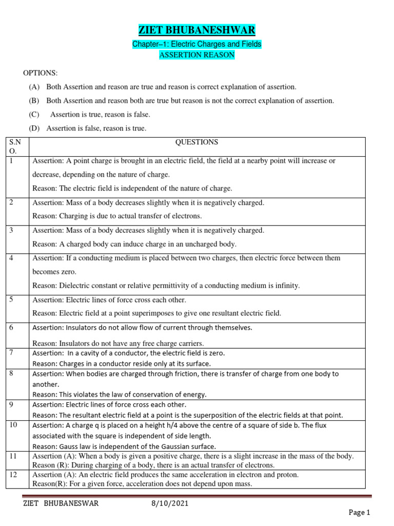 Physics XII CH 1 Physics Assertion Reasoning Electric Charges and Fields | PDF | Electric Field ...