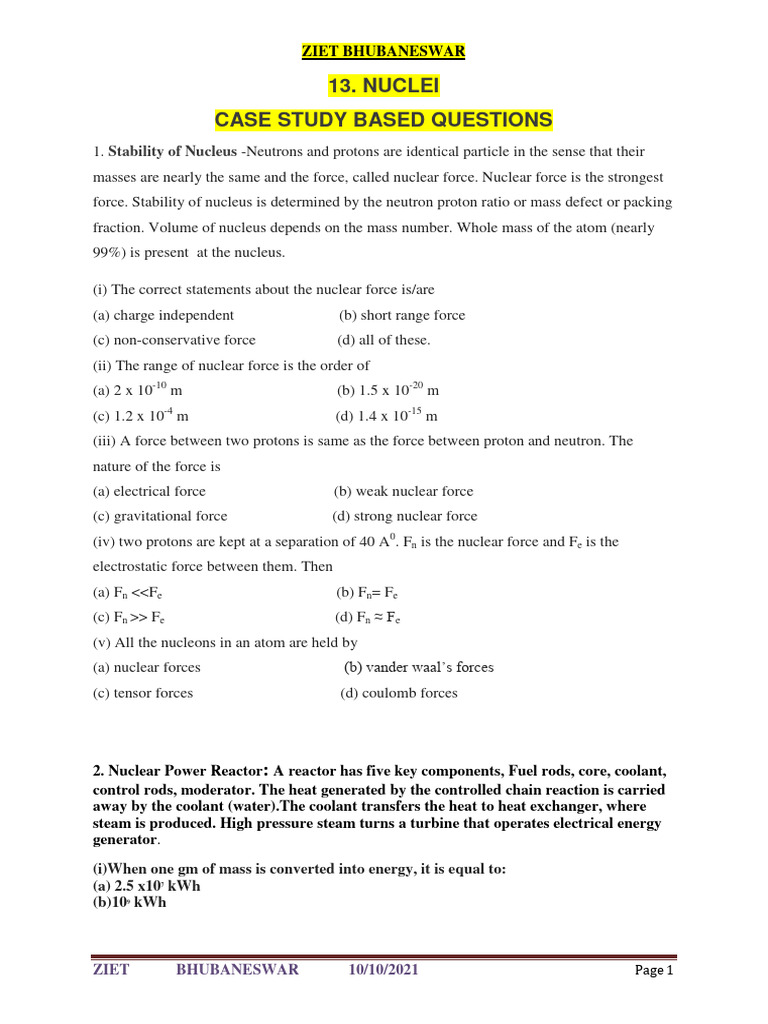 Physics Xii CH 13 Case Study Nuclei | PDF | Atomic Nucleus | Nuclear Force