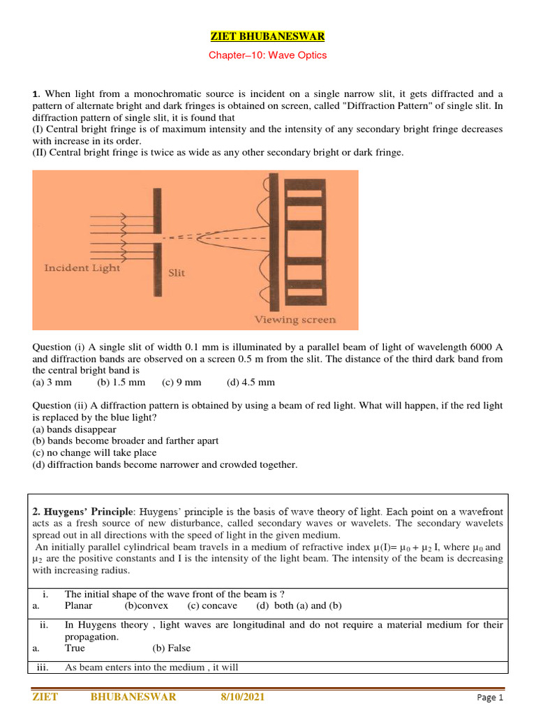 Physics Xii CH 10 Case Study Wave Optics | PDF | Diffraction | Wavelength