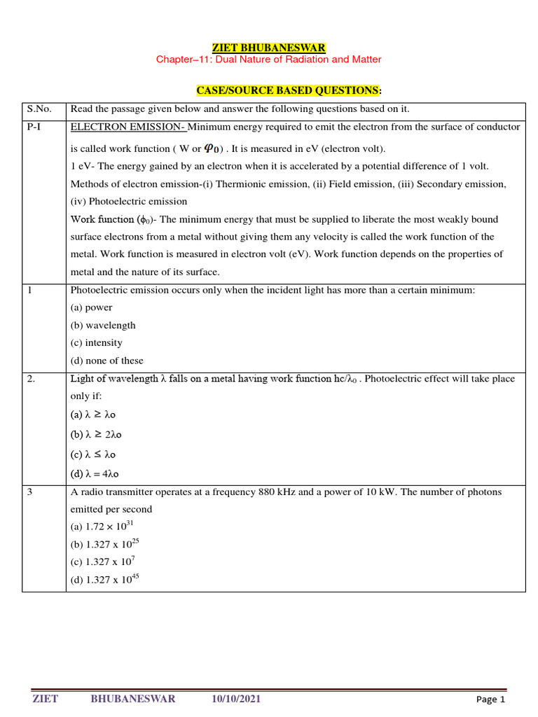 Physics XII CH 11 CASE STUDY Dual Nature of Radiation and MATTER | PDF ...