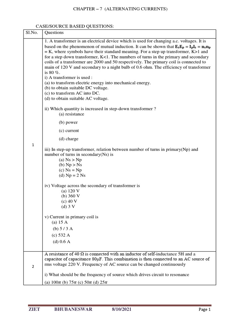 Physics XII CH 7 CASE STUDY Alternating Current | PDF | Inductor | Transformer