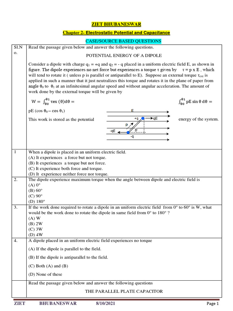 Physics XII CH 2 CASE STUDY Electrostatic Potential and Capacitance | PDF | Torque | Capacitance