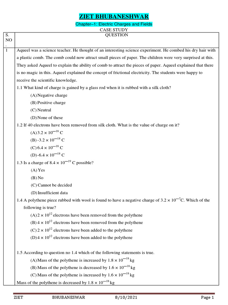 Physics XII CH 1 CASE STUDY Electric Charges and Fields | PDF | Electric Charge | Electron
