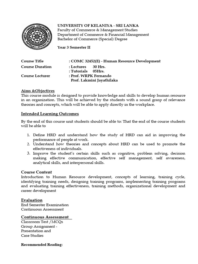 COMC 32452 HRD Course Outline | PDF | Cognitive Science | Neuroscience