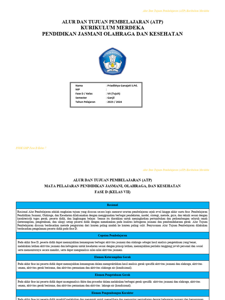 ALUR TUJUAN PEMBELAJARAN (ATP) Penjas Kelas 7 | PDF