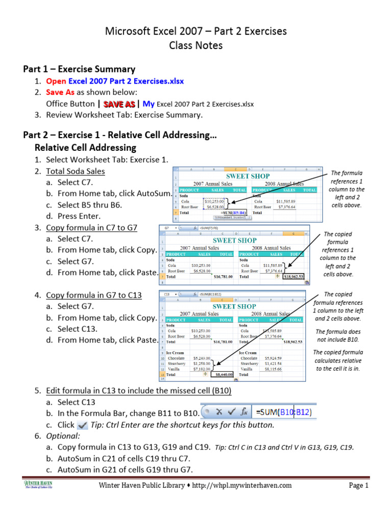 Excel 2007 Part 2 Class Notes Pdf Spreadsheet Computer File