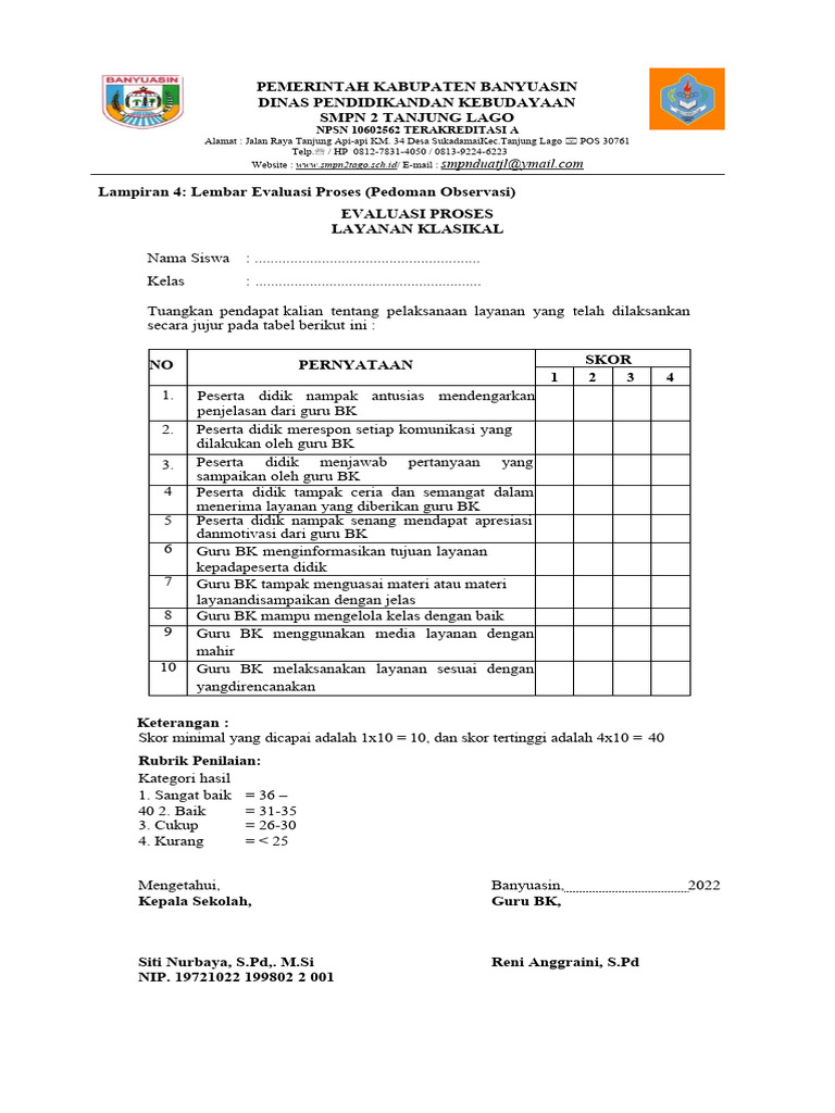 Lembar Observasi (Evaluasi Proses Dan Hasil) - BK - Reni Anggraini | PDF
