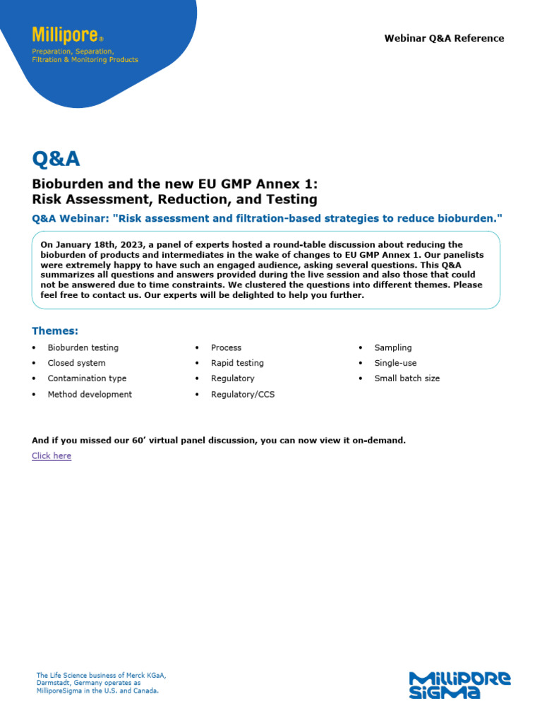 Bioburden - Annex I - Q&A - Millipore Sigma | PDF | Sterilization ...
