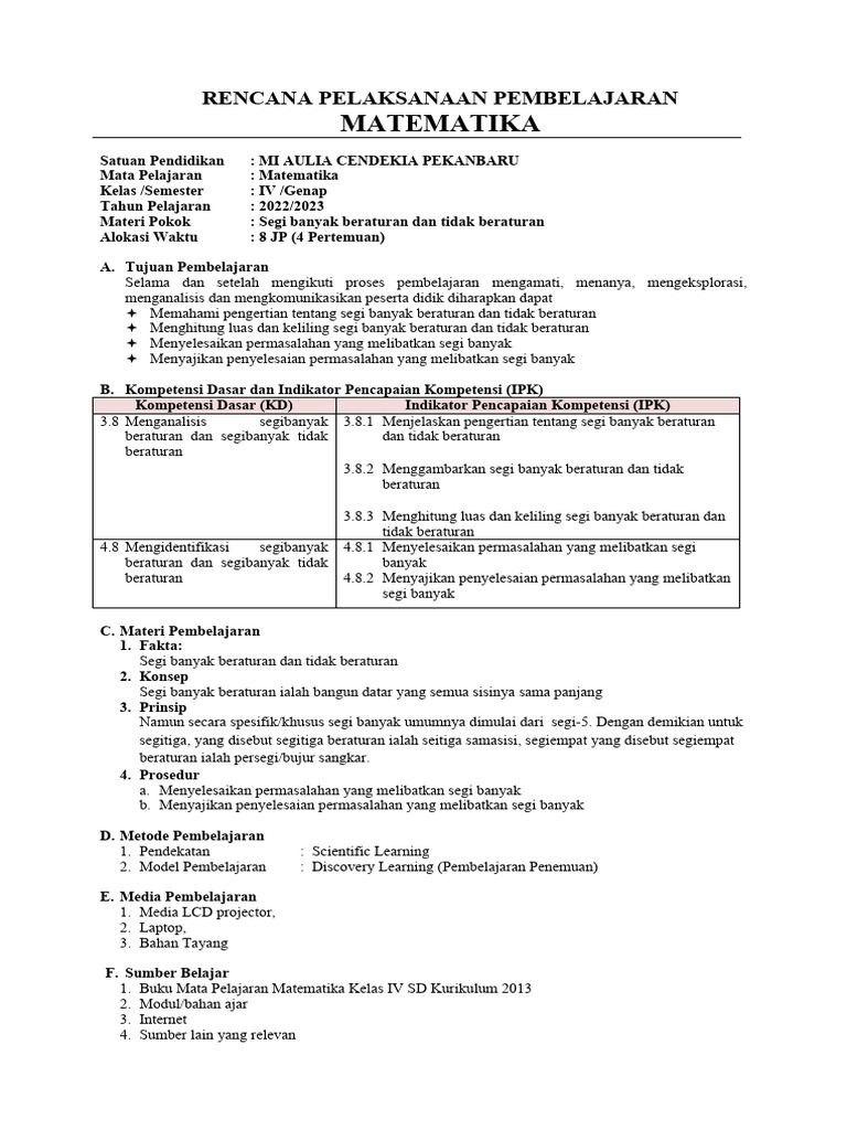 RPP Matematika Kelas 4 Sem 2 | PDF