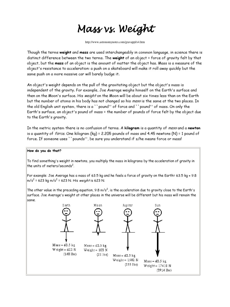 Mass Vs Weight Worksheet | PDF | Weight | Mass