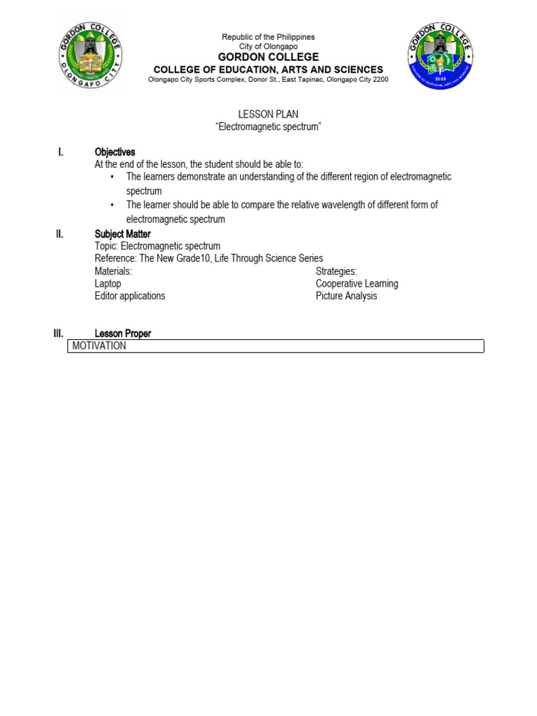 LESSON PLAN - Sample | PDF | Electromagnetic Radiation | Waves