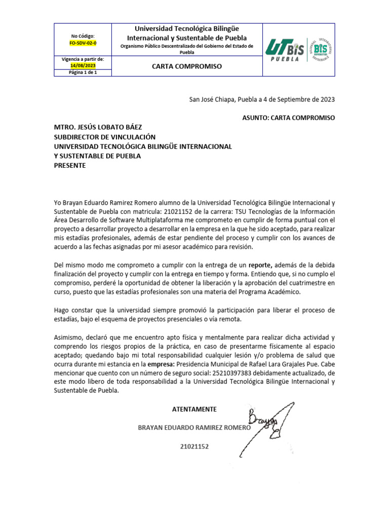 Carta Compromiso Brayan Eduardo Ramírez Romero | PDF