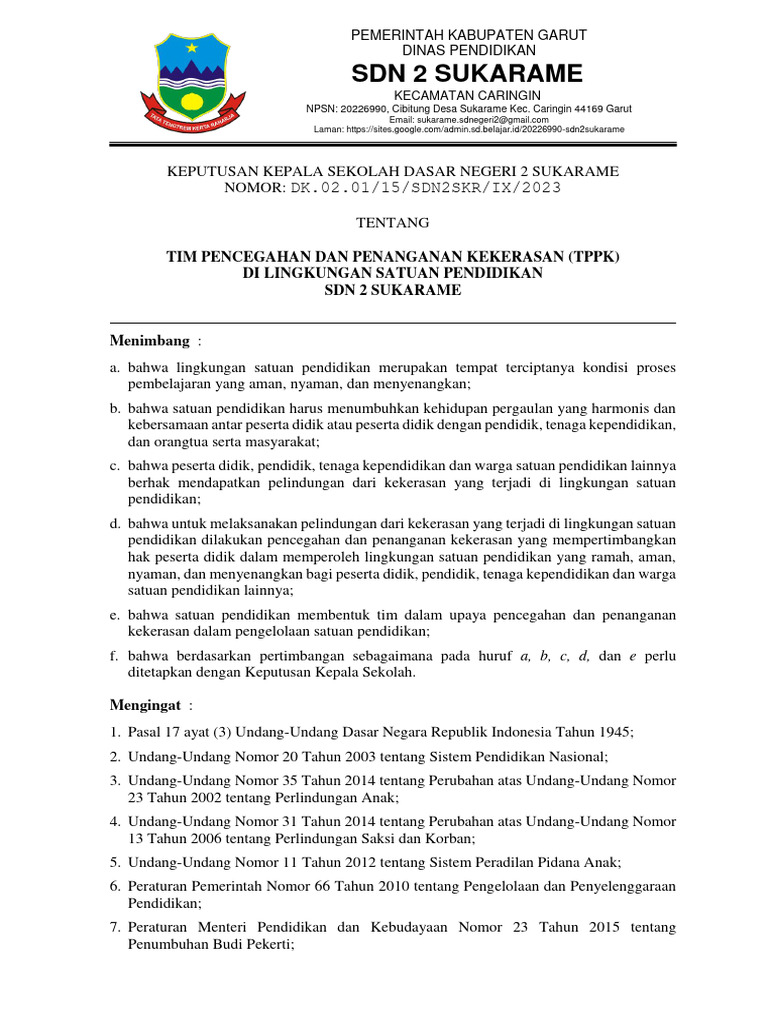 SK Tim Pencegahan Dan Penanganan Kekerasan TPPK | PDF