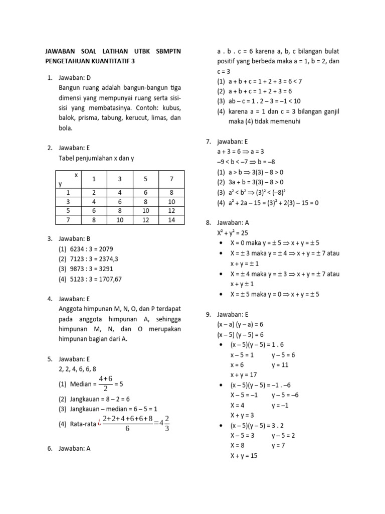 Jawaban Soal Latihan Utbk SBMPTN Pengetahuan Kuantitatif 3 | PDF