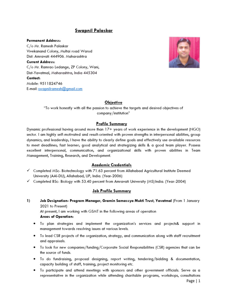Swapnil's Resume | Download Free PDF | Non Governmental Organization | Corporate Social ...