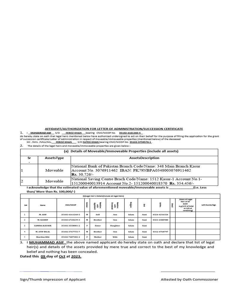 Succession Certificate Affidavit Format | PDF
