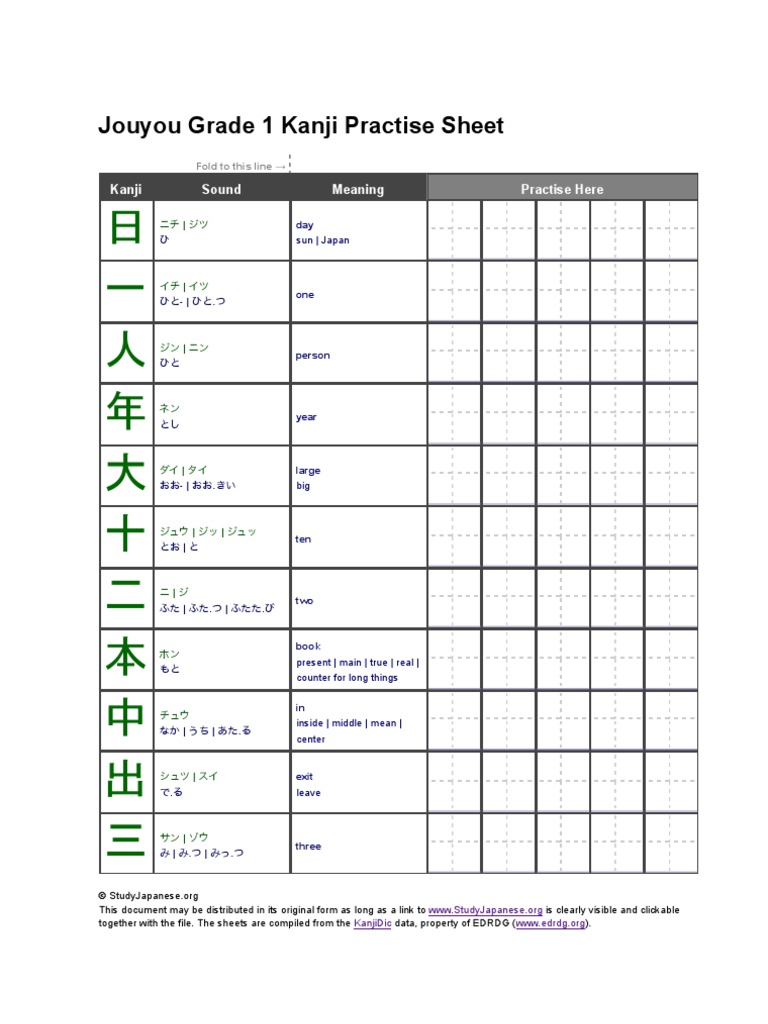 Jouyou Kanji Grade 1 Practice Sheet | PDF
