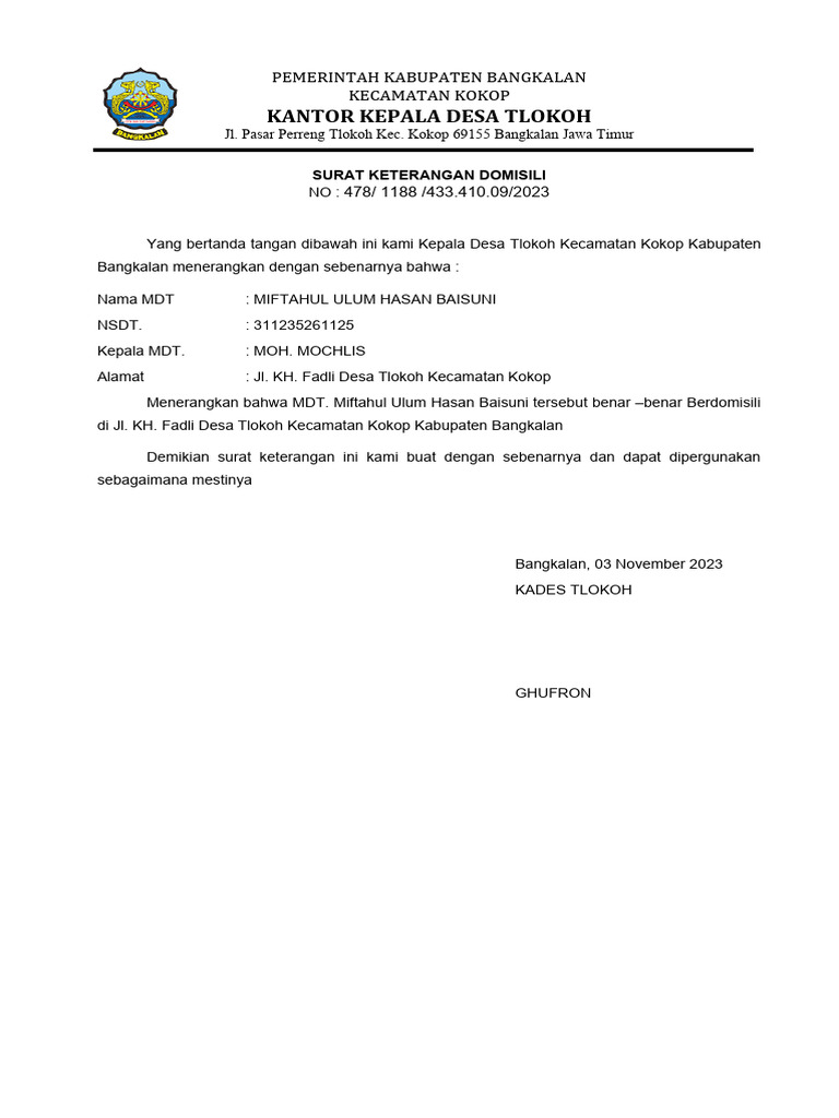 Contoh SRT Ket. Domisili | PDF