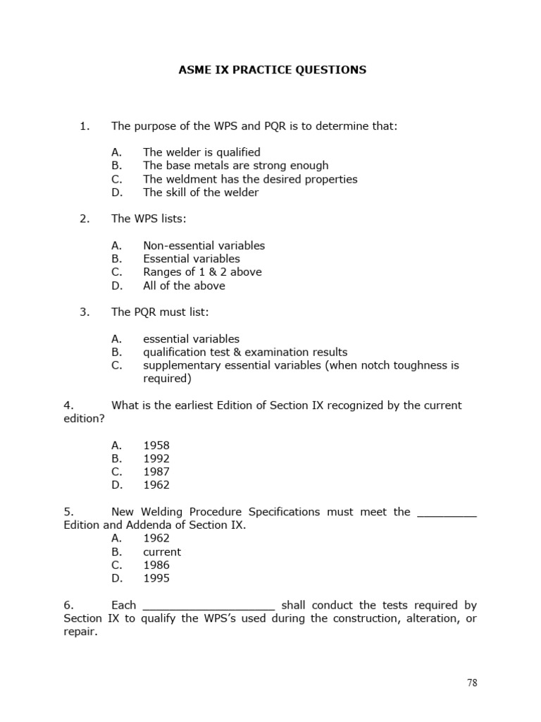 ASME IX PRACTICE QUESTIONS Closed Book | Download Free PDF ...