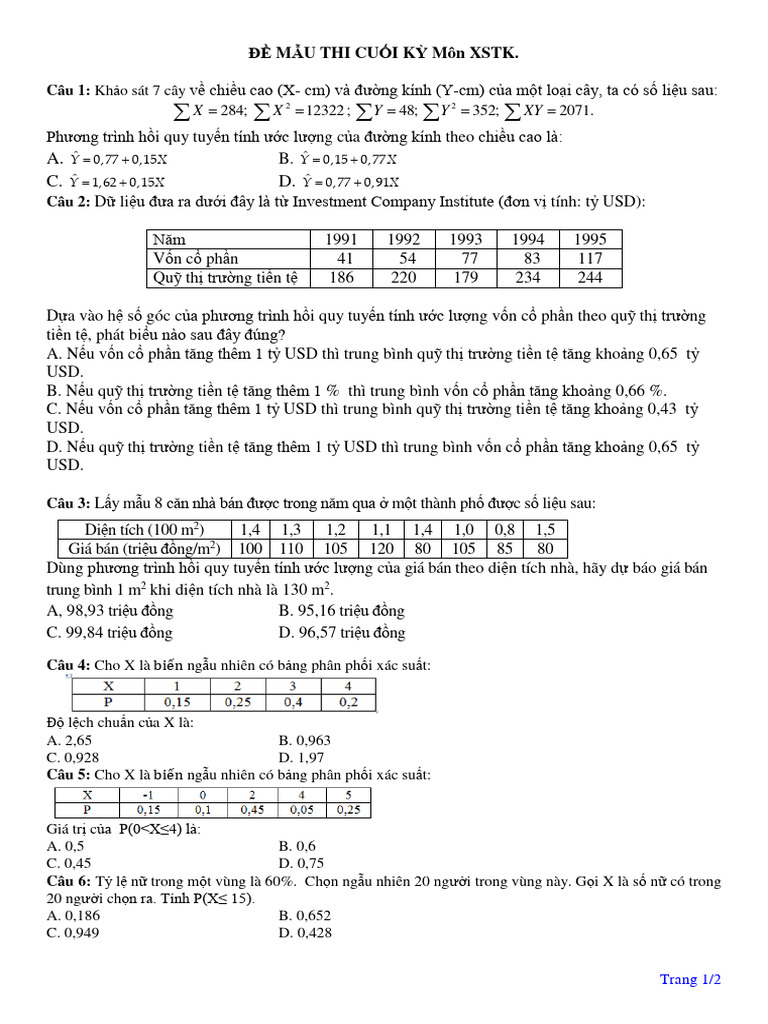 De Thi Mau Cuoi Ky-XSTK | PDF