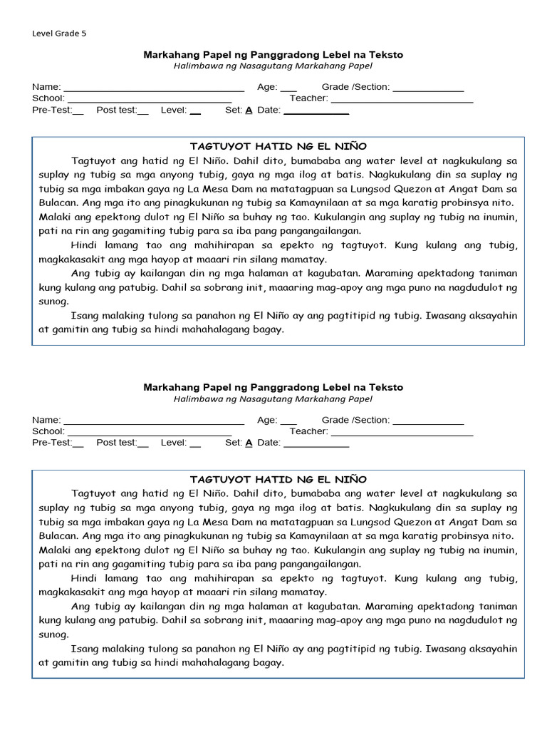 Phil IRI Form 3A Tagtuyot Hatid NG El Nino | PDF