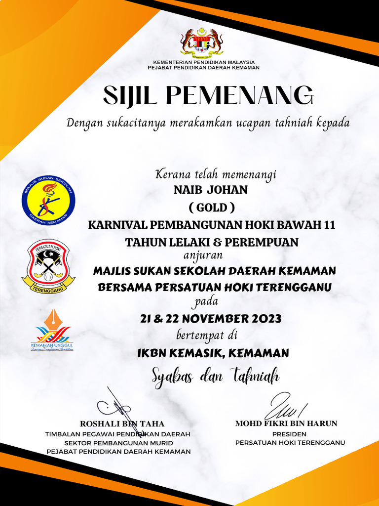 Sijil Pemenang KPHB112023 - Naib Johan (Gold) | PDF