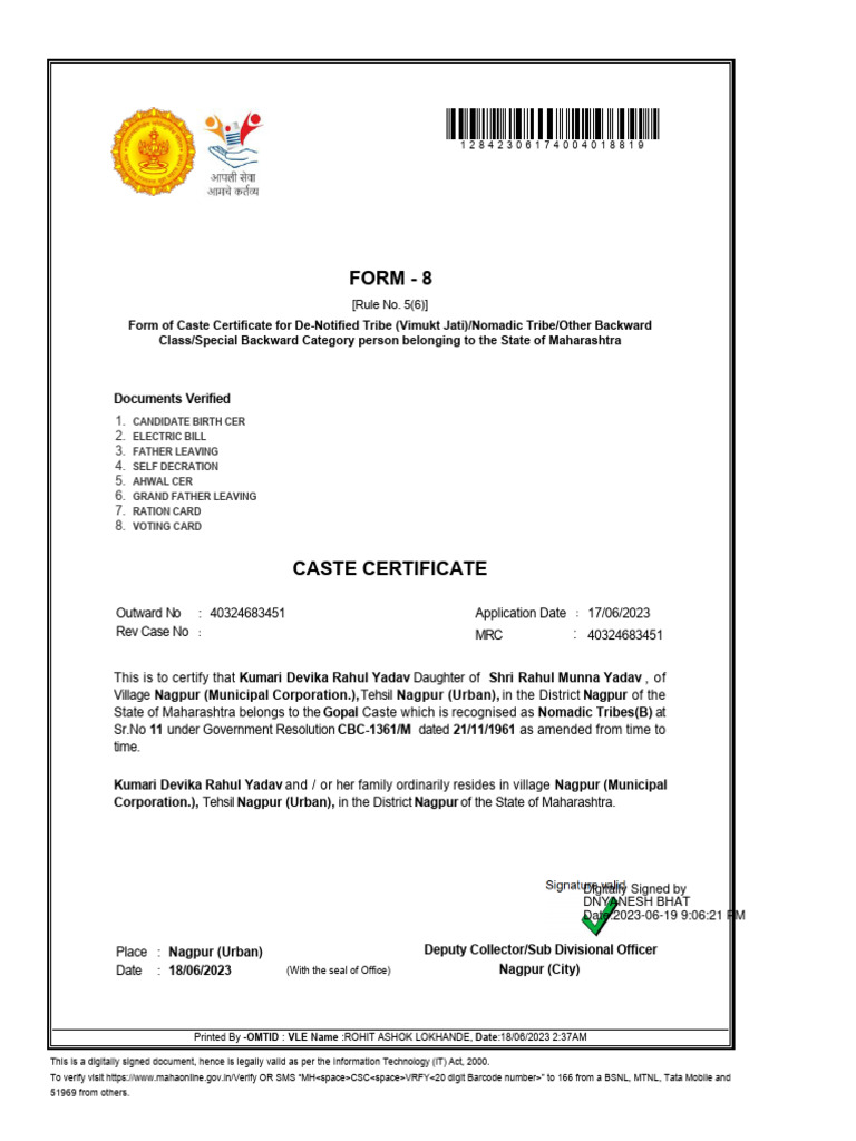 Cast Certificate NTB Nagpur 2023 | PDF