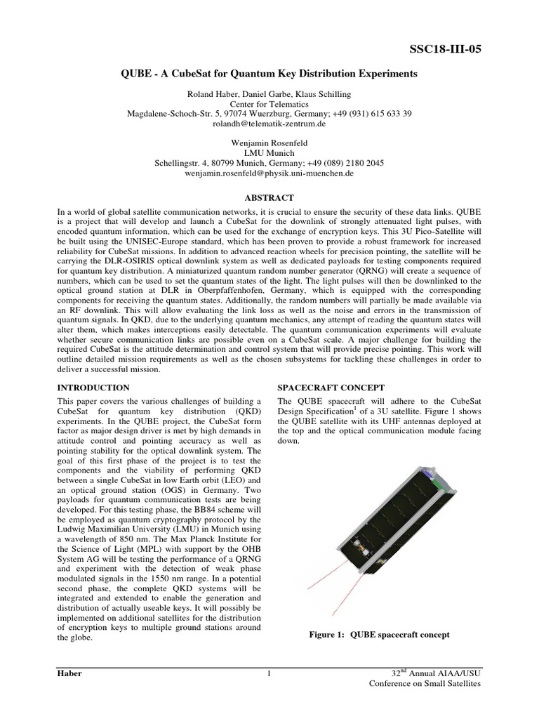 Qube - A CubeSat For Quantum Key Distribution Experiments | PDF | Optics | Physical Sciences