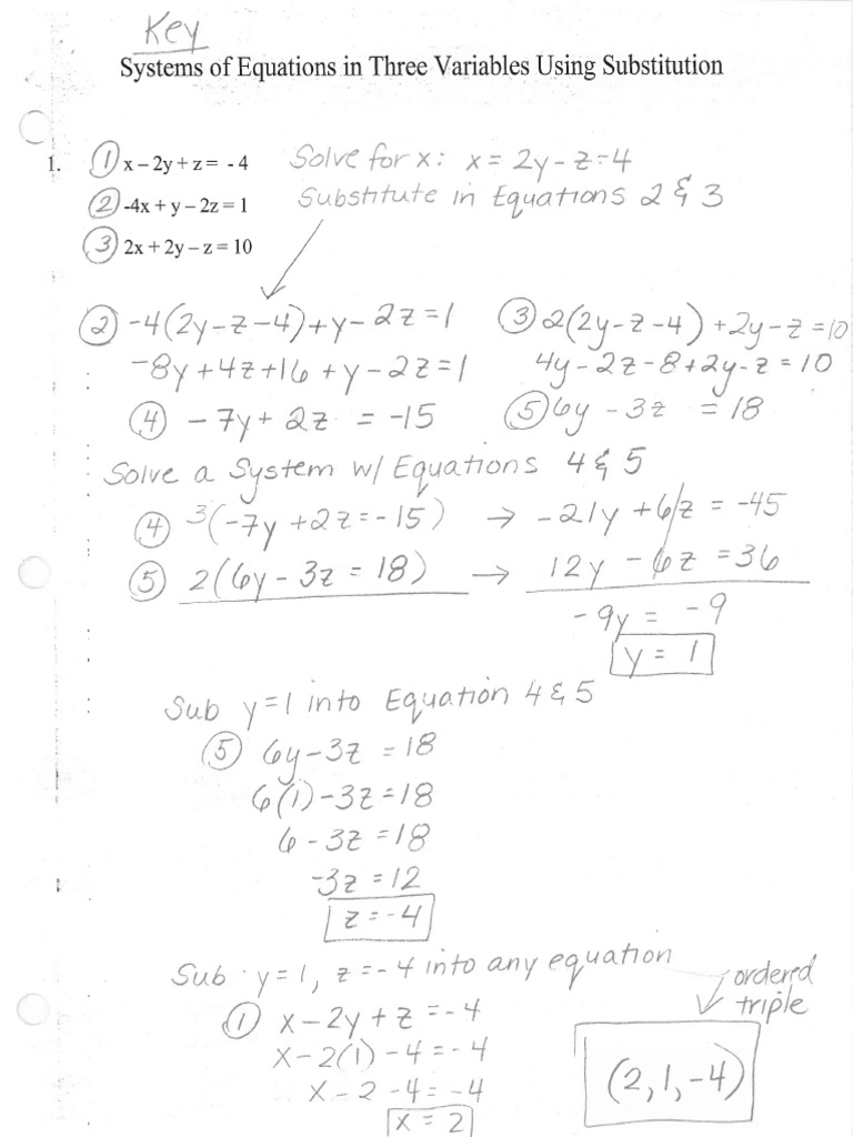 Systems of Equations in 3 Variables Using Substitution Guided Notes Key ...