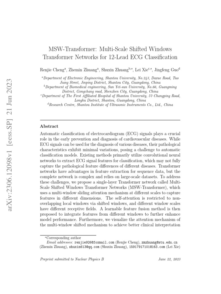 MSW-Transformer: Multi-Scale Shifted Windows Transformer Networks For 12-Lead ECG Classification ...