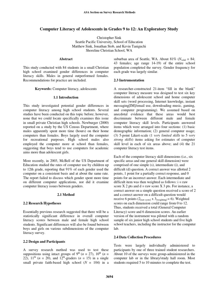 Computer Literacy of Adolescents in Grad | PDF | Literacy | Survey ...