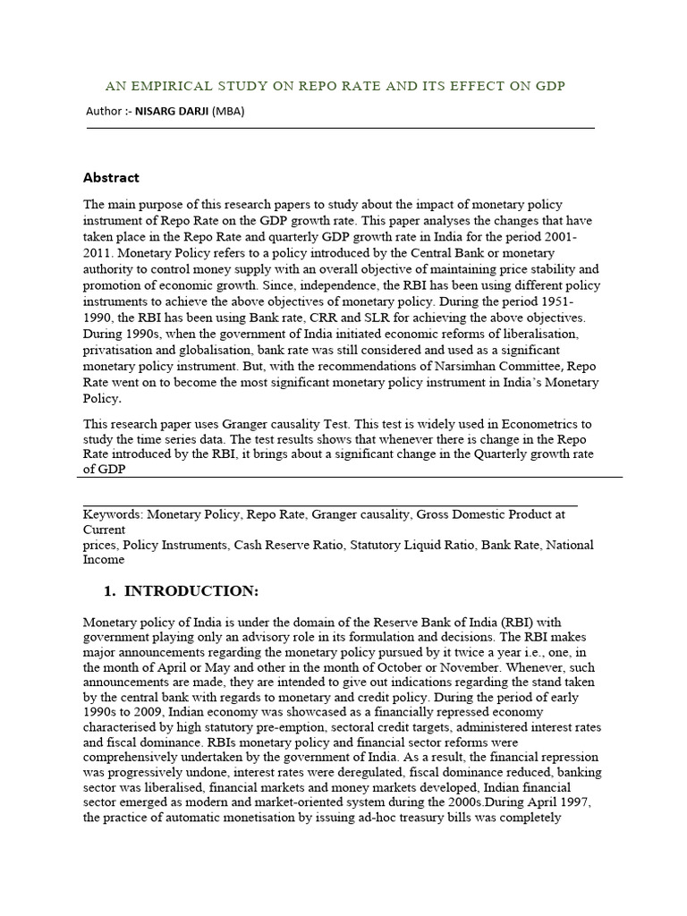 An Empirical Study On Repo Rate and Its Effect On GDP | PDF | Reserve ...