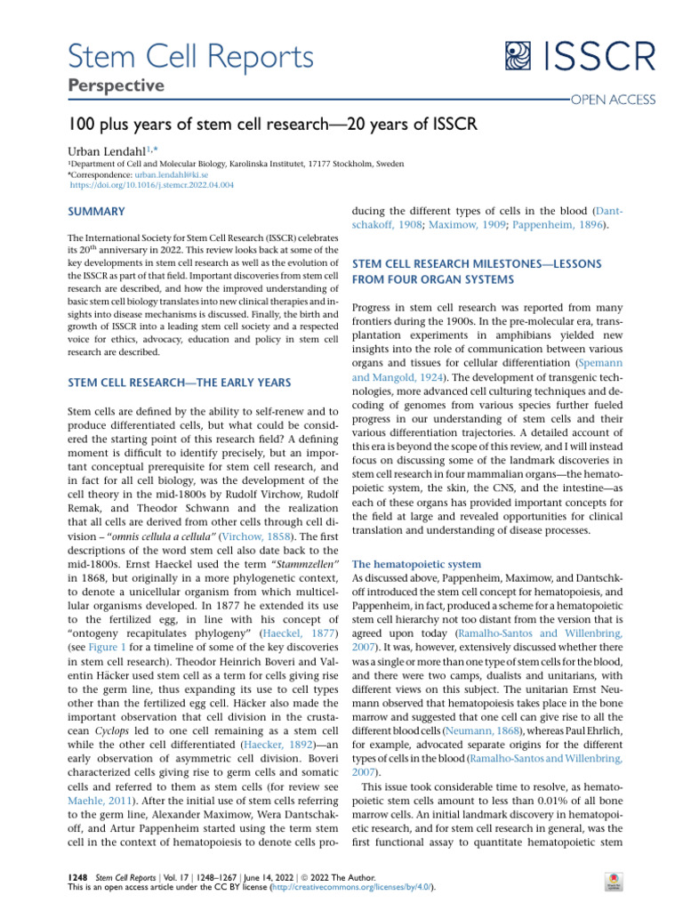 100 Plus Years of Stem Cell Research-20 Years of ISSCR | PDF | Stem ...