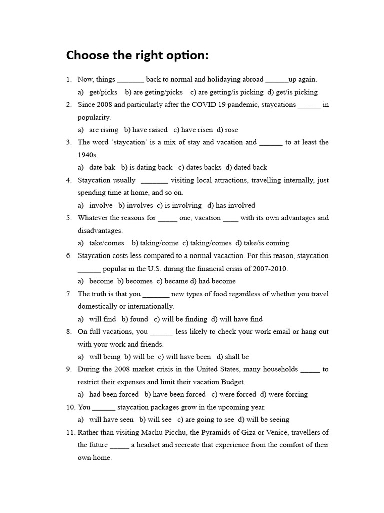 Verb Tenses. Multiple Choice Activity | PDF