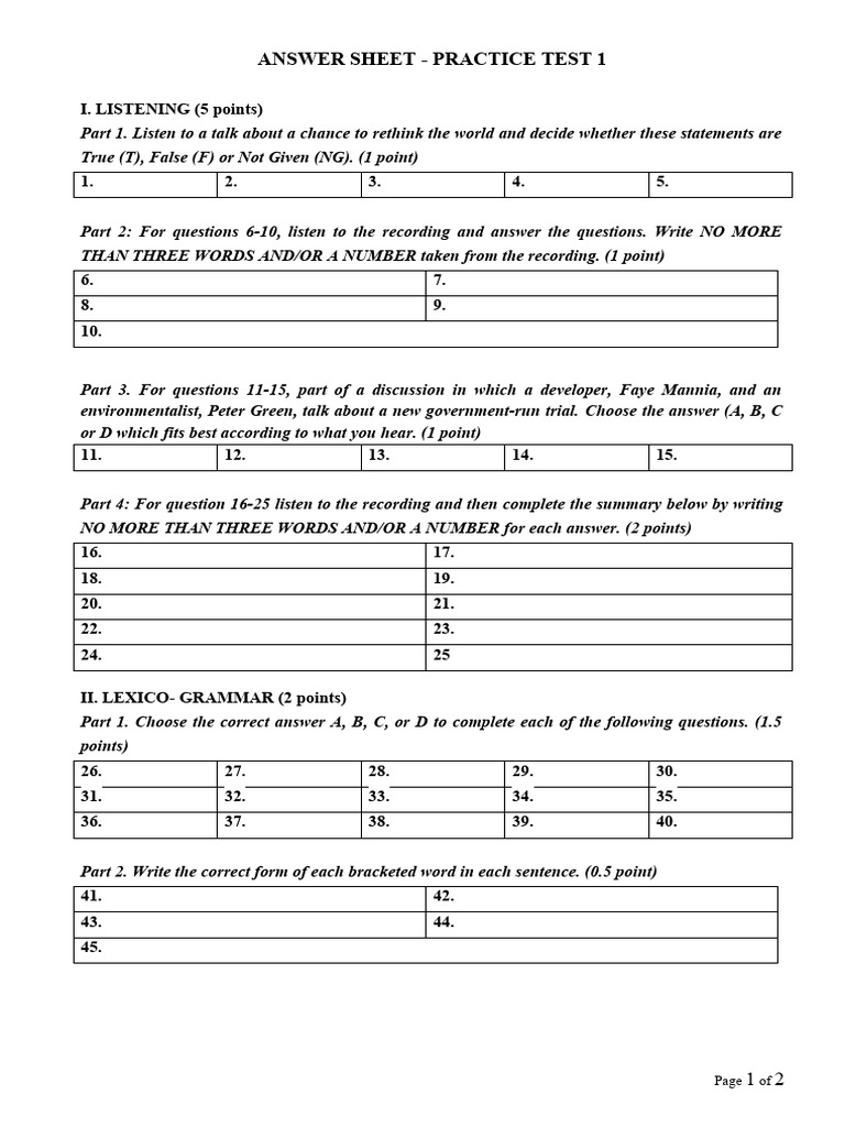 Practice Test 1 Answer Sheet | PDF | Linguistics | Cognitive Science