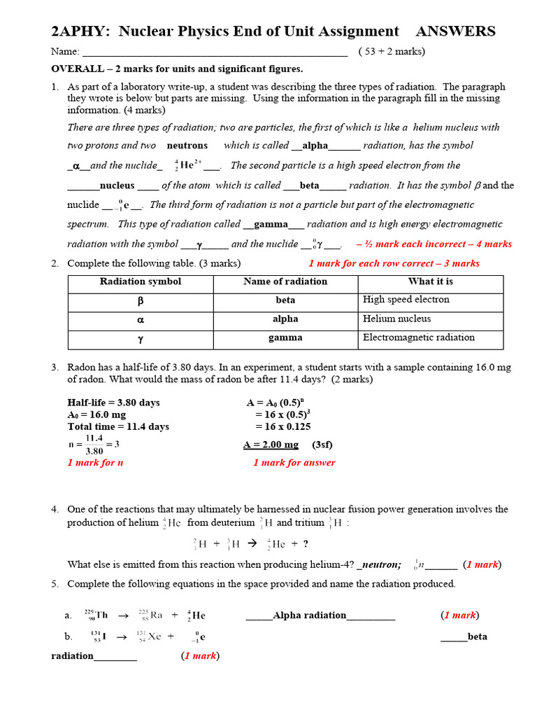 2APHY Nuclear Physics Assignment Two End of Unit 2009 ANSWERS | PDF ...