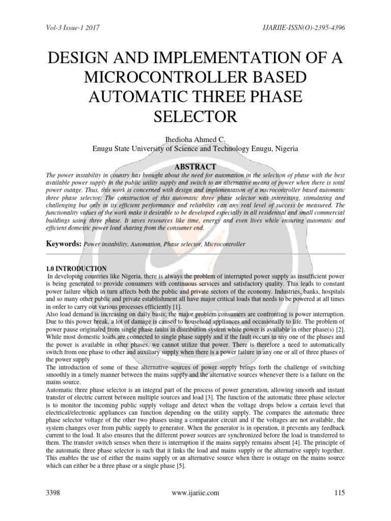 DESIGN AND IMPLEMENTATION OF A MICROCONTROLLER BASED AUTOMATIC THREE PHASE SELECTOR Ijariie3398 ...