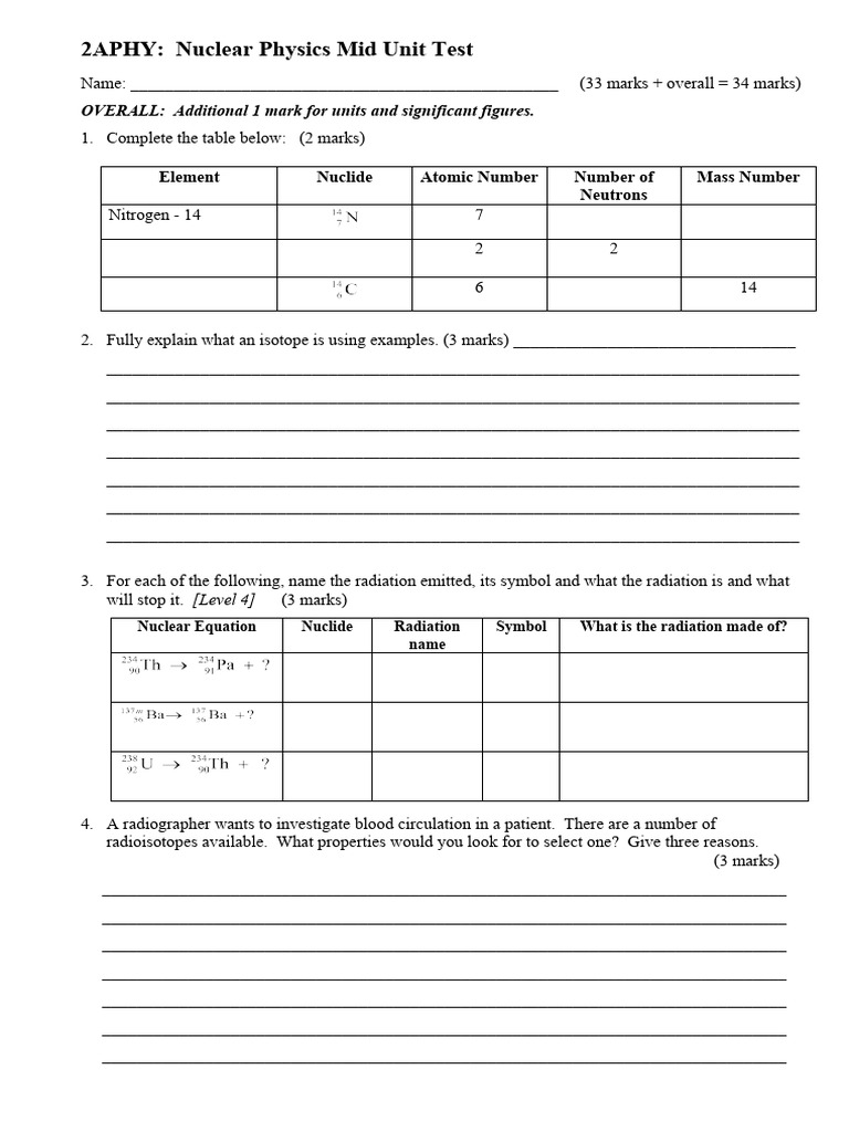 Nuclear Physics Mid Unit Test Guide | PDF | Radioactive Decay ...