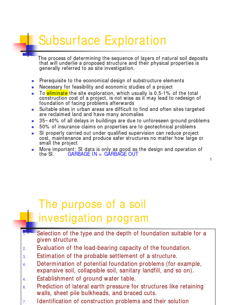 Lec 2 Subsurface Investigation or Exploration | PDF | Geotechnical Engineering | Earth Sciences