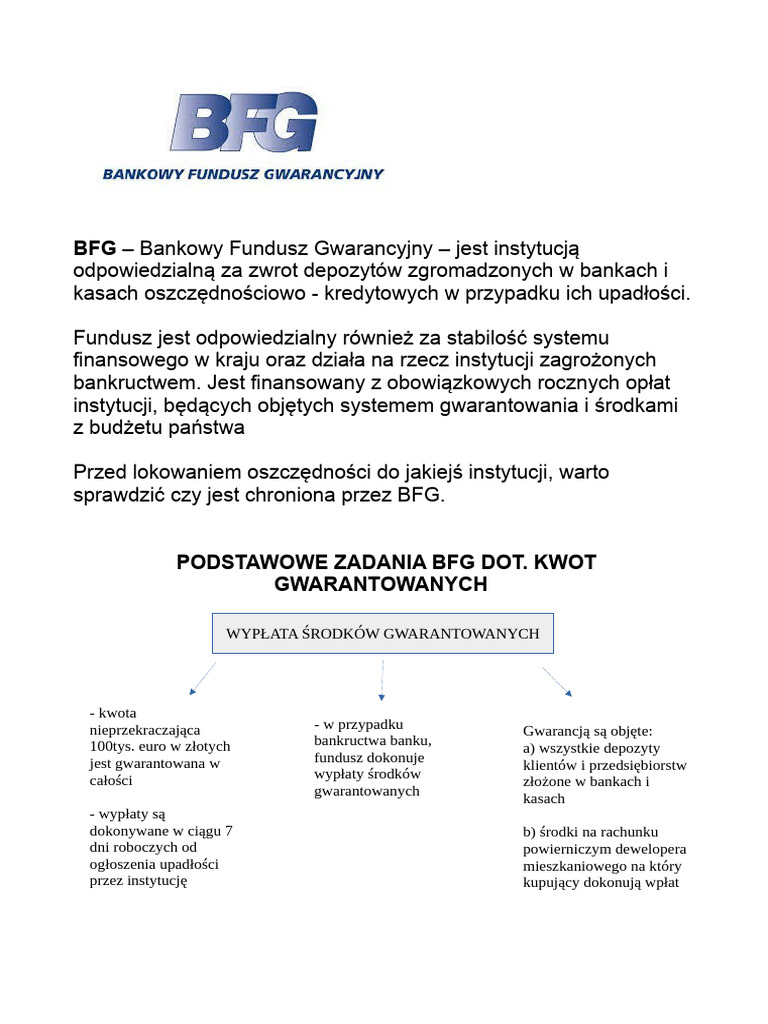 BFG - Bankowy Fundusz Gwarancyjny - Jest Instytucją | PDF