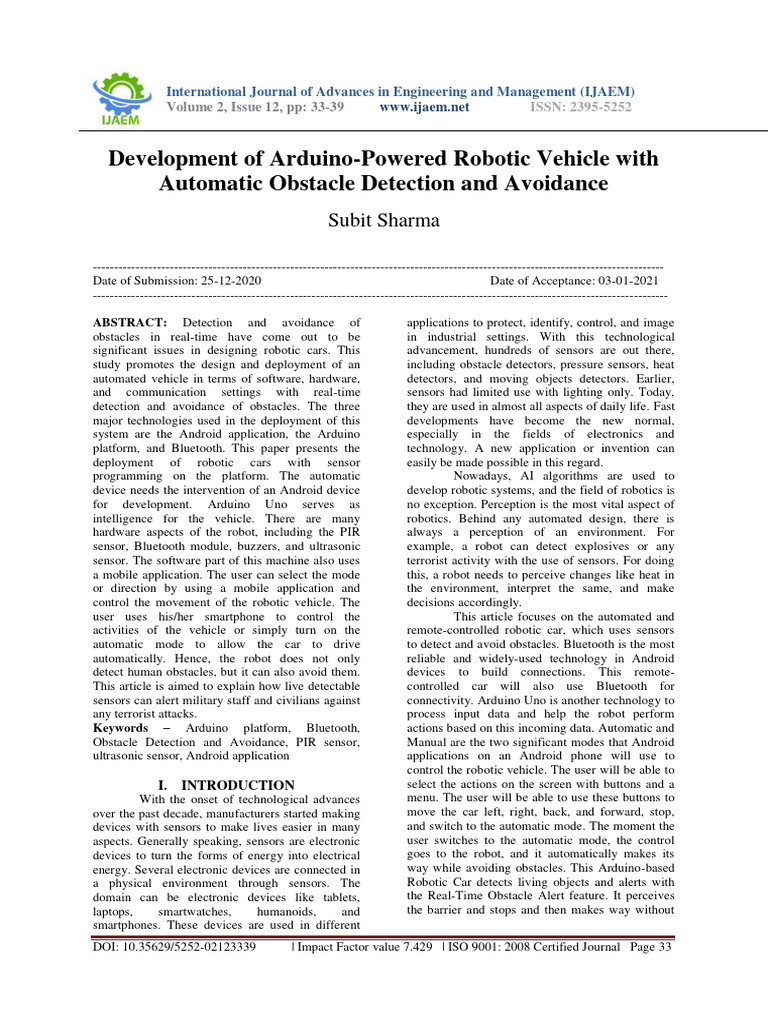 Development of Arduino Powered Robotic Vehicle With Automatic Obstacle Detection and Avoidance ...