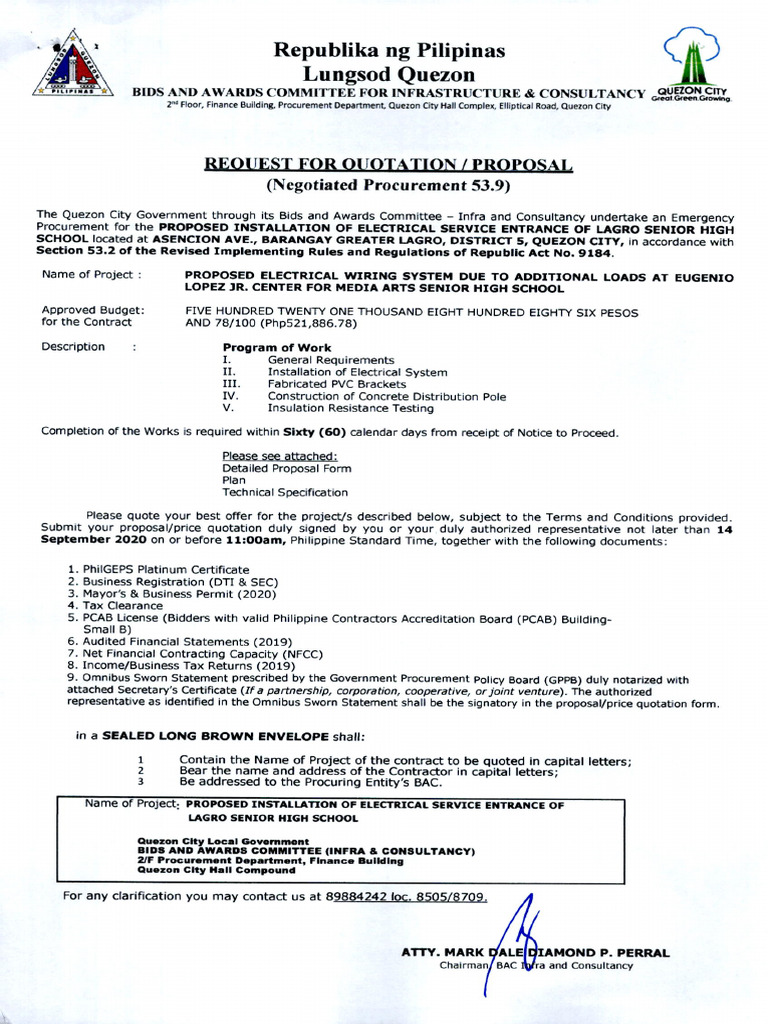 RFQ 20 019N Proposed Installation of Electrical Service Entrance of Lagro Senior High School ...
