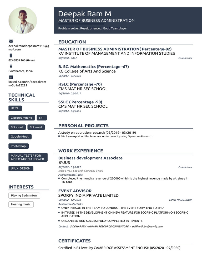 Deepak Ram Resume | PDF | Career & Growth | Business