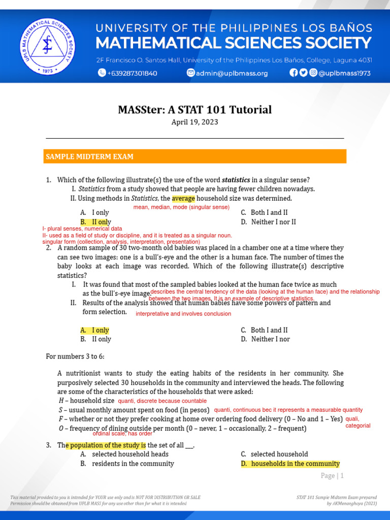 MASSter - A STAT 101 Tutorial Handout | PDF | Sampling (Statistics) | P ...